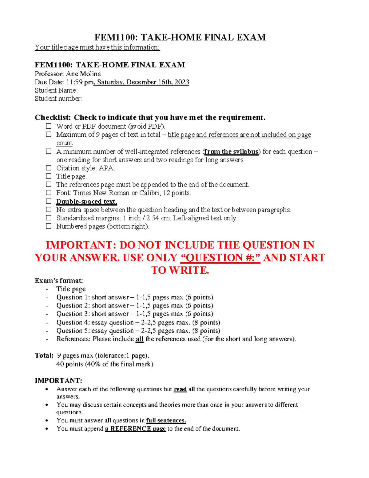 FEM1100 Take-Home Final Exam Instructions and Guidelines - Studocu