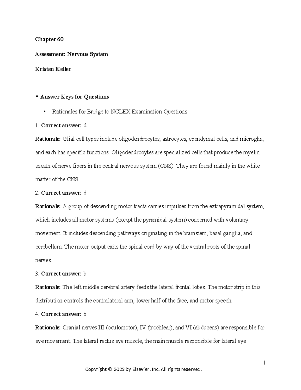 Chapter 060 Assessment: Nervous System Answer Keys & Rationales - Studocu