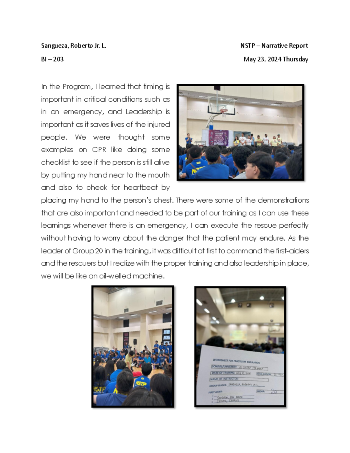 BI-203 NSTP Narrative Report: Leadership and CPR Training Insights ...