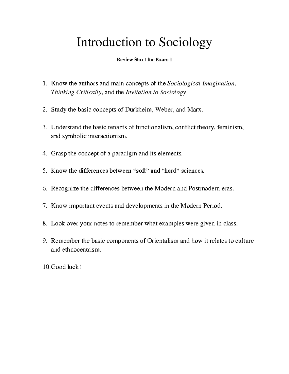 Introduction to Sociology SOC101 Exam 1 Review Sheet - Studocu