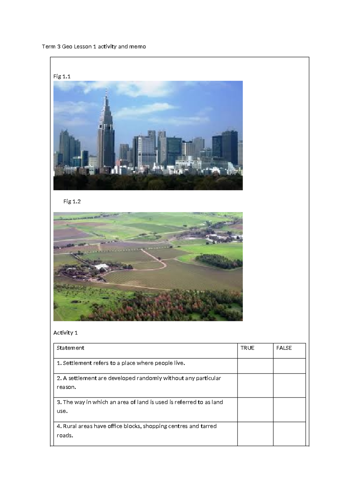 Term 3 Geo Lesson 1: Settlement Activities & Memo - Studocu