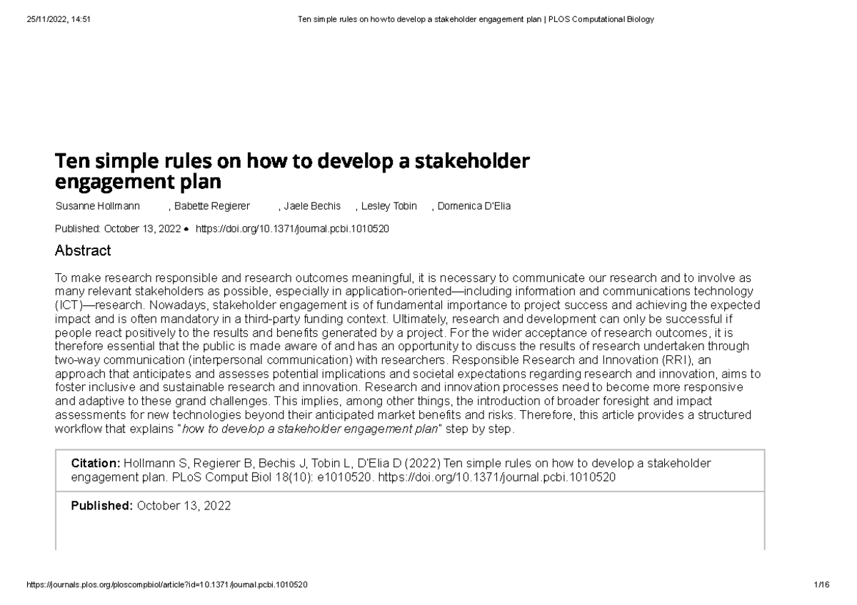 Ten simple rules on how to develop a stakeholder engagement plan PLOS ...