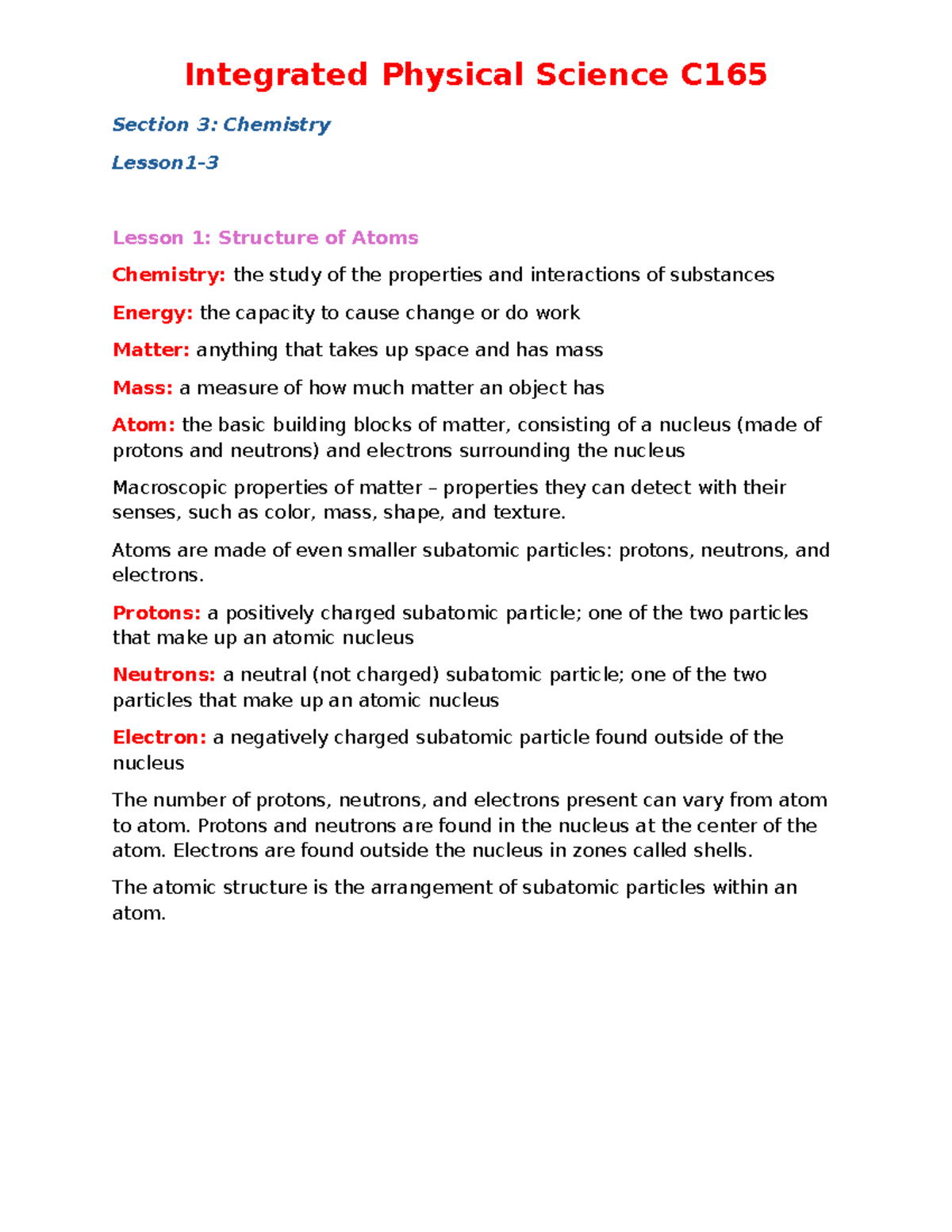 Integrated Physical Science C165: Chemistry Lesson 1 - Atomic Structure ...
