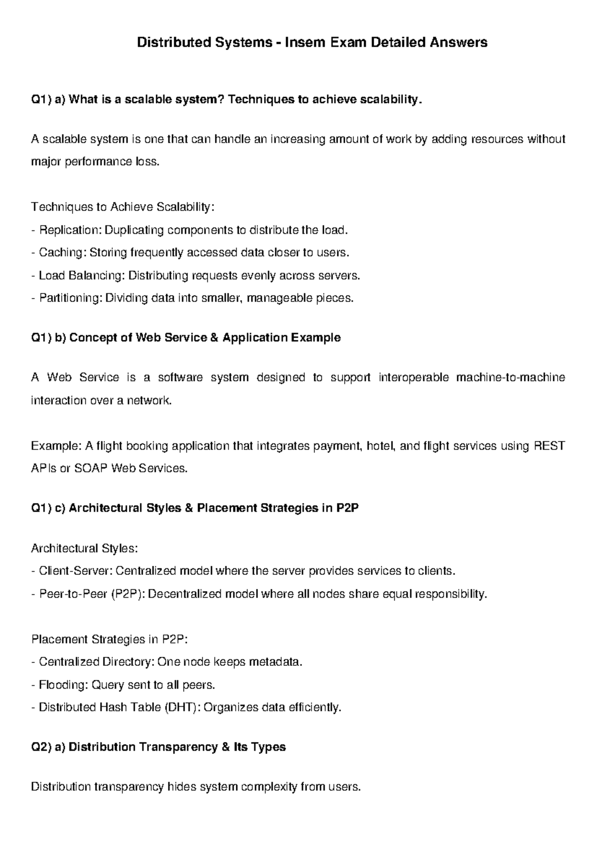 Distributed Systems Feb 2023 Final Answers - Q1) a) What is a scalable system? Techniques to ...