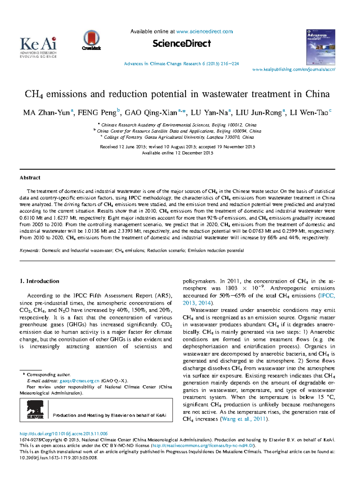 CH4 Emissions & Reduction Potential in Wastewater Treatment in China ...