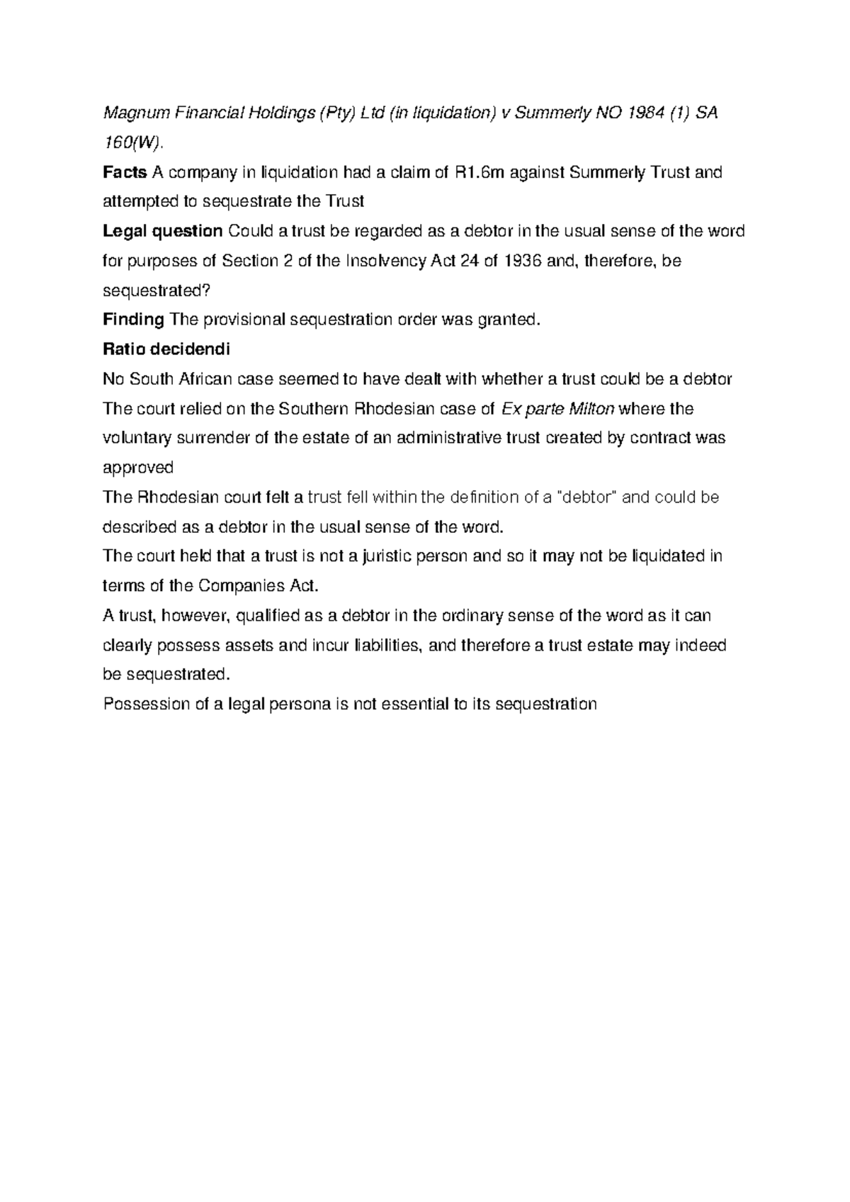 CASE 1: Magnum Financial Holdings v Summerly NO - Liquidation Analysis ...