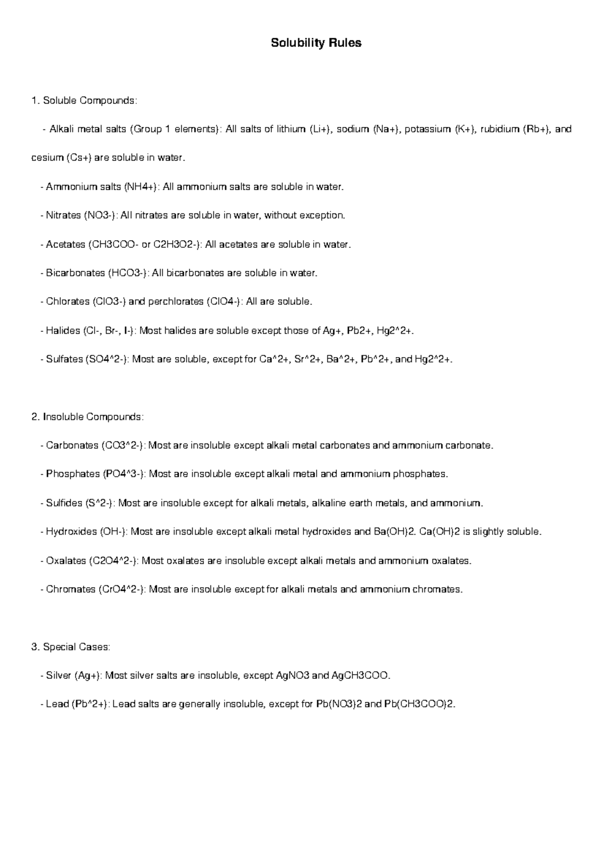 Solubility Rules Summary for Chemistry (CHEM101) - Studocu
