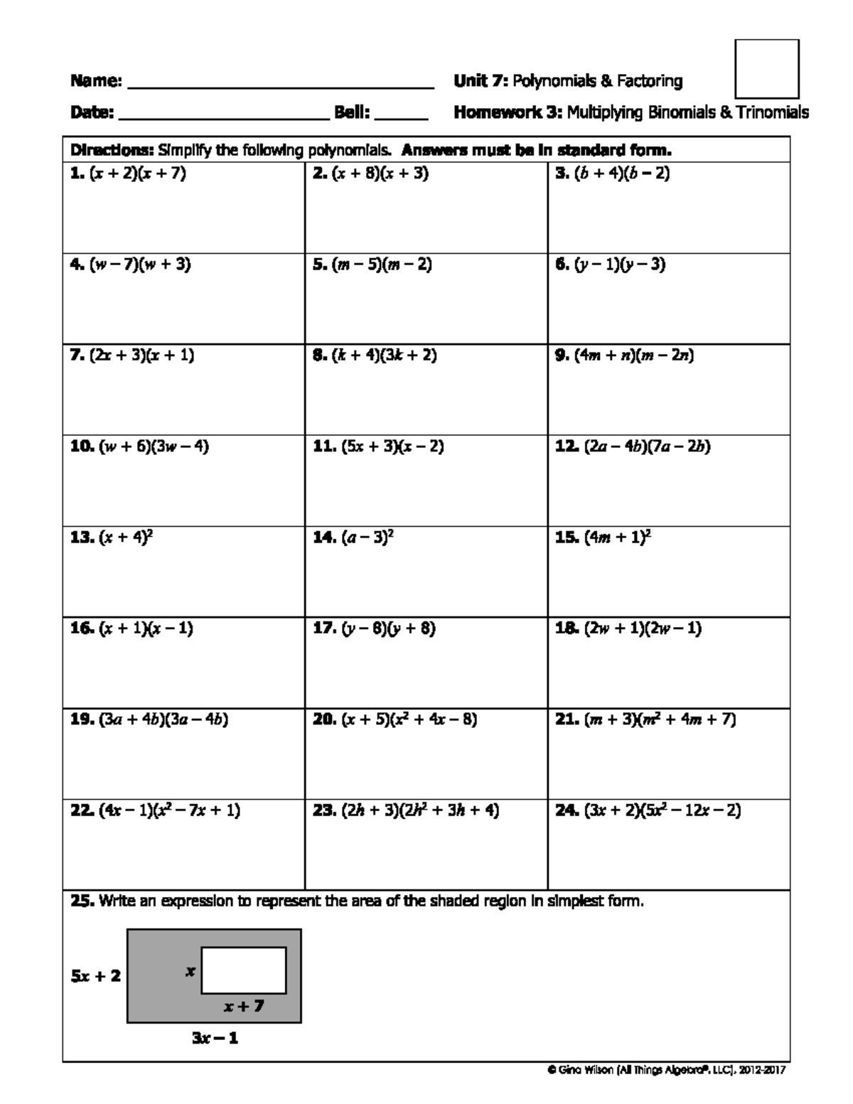 Unit 7: Homework 3 - Multiplying Binomials & Trinomials Practice - Studocu
