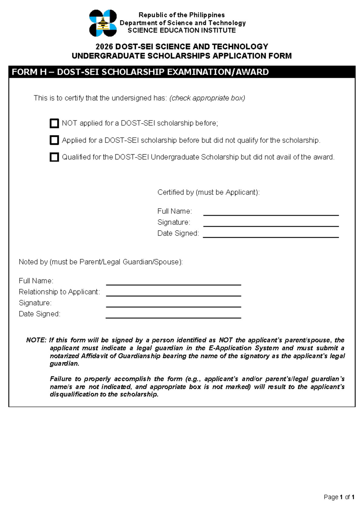 2026 DOST-SEI ST Undergraduate Scholarship Application Form H - Studocu