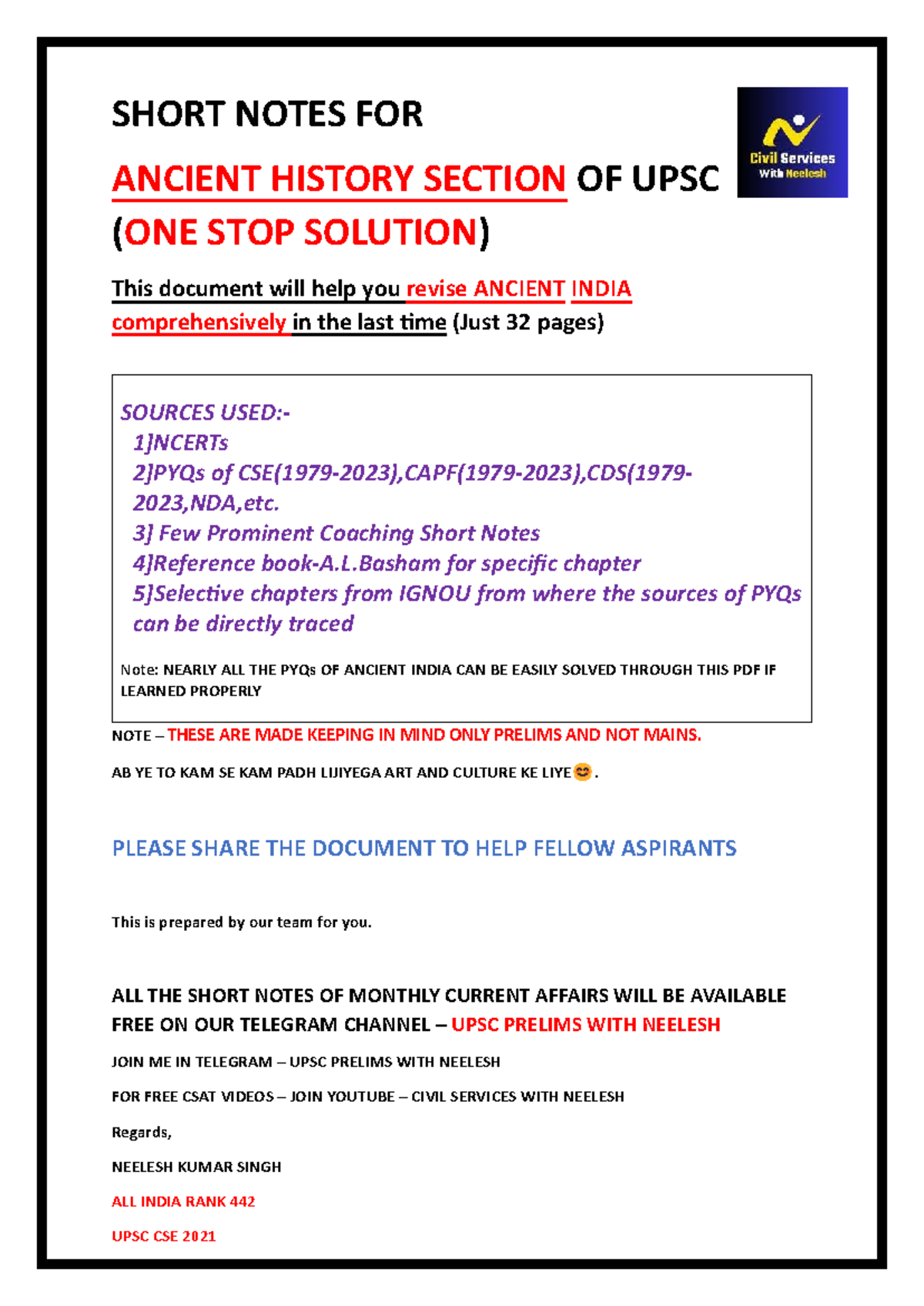 Ancient History Short Notes for UPSC Prelims Preparation - Studocu