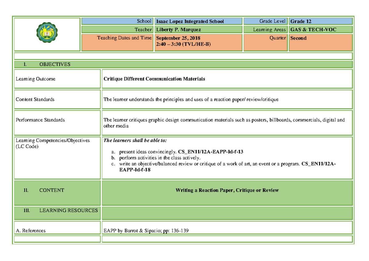 EAPP 12 Writing a Reaction Paper: Guidelines and Activities - Studocu