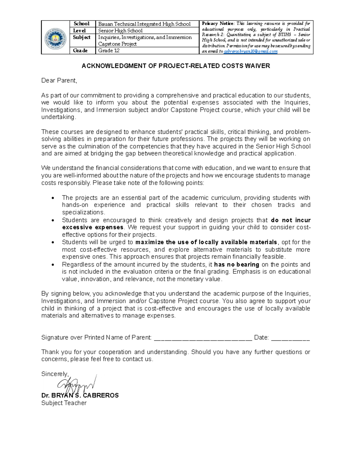 Acknowledgment of Costs Waiver for Capstone Project (Grade 12) - Studocu