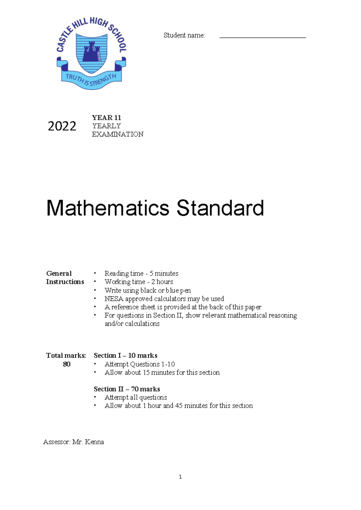 Year 11 Mathematics Standard Yearly Exam 2022 - General Instructions - Studocu