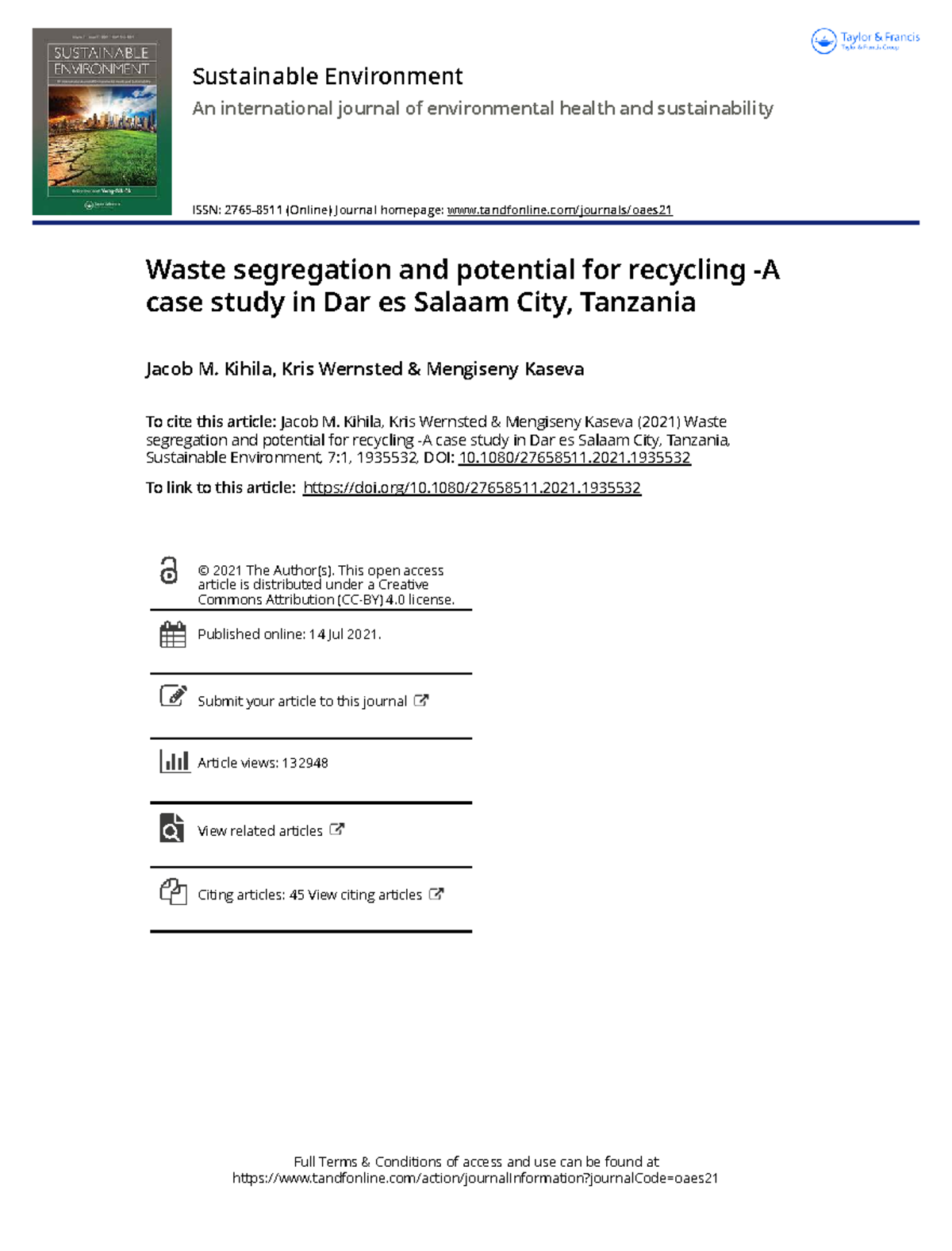 Waste Segregation and Recycling Potential: A Case Study in Dar es ...