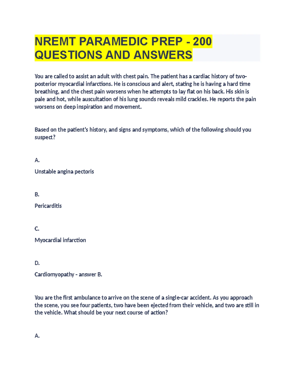 NREMT Paramedic Exam Review: 200 Quizlet Practice Questions - Studocu