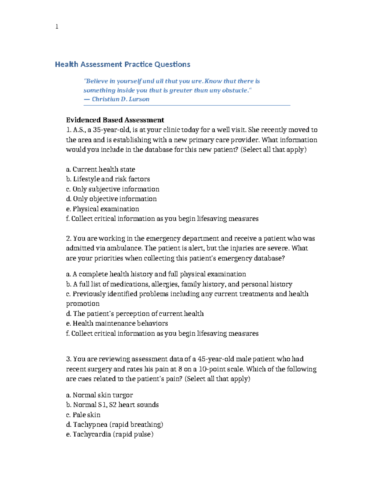 Health Assessment Practice Questions - Health Assessment Practice ...