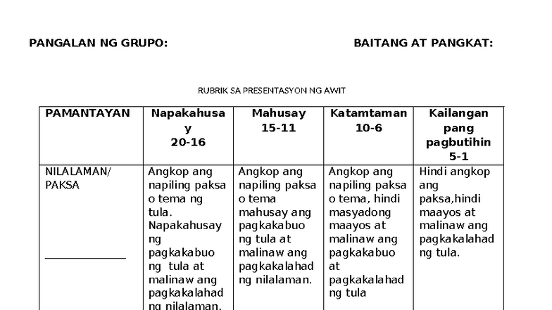 Rubriks sa Pagkanta: Pagsusuri ng Presentasyon ng Awit - Studocu