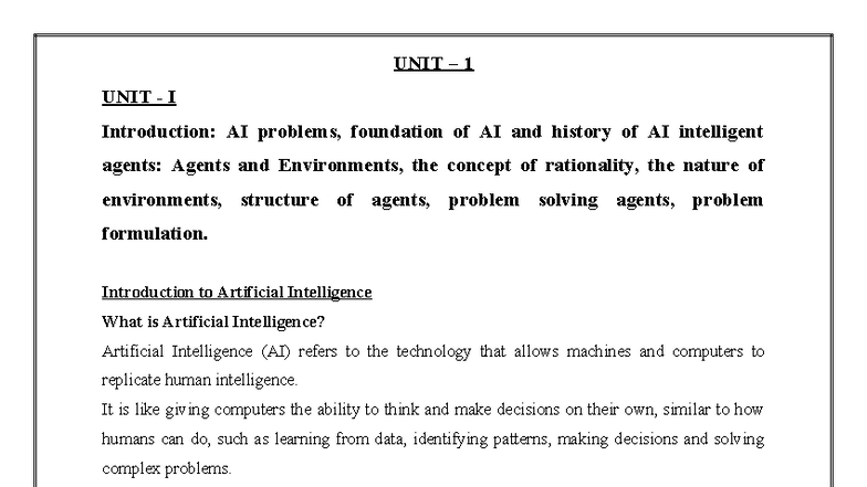 AI Unit 1 - notes for unit 1 - UNIT – 1 UNIT - I Introduction: AI ...