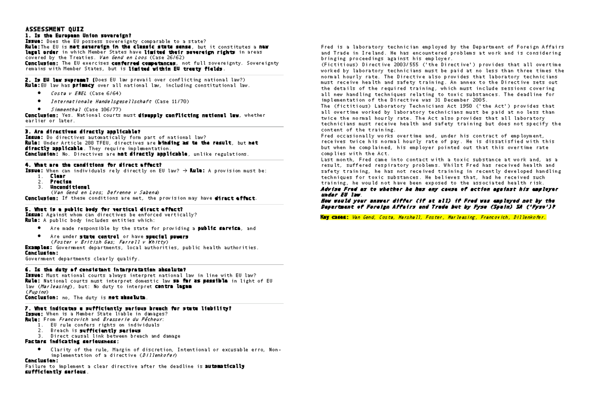 EU LAW ASSESSMENT QUIZ 1: Sovereignty, Supremacy & Direct Effect - Studocu