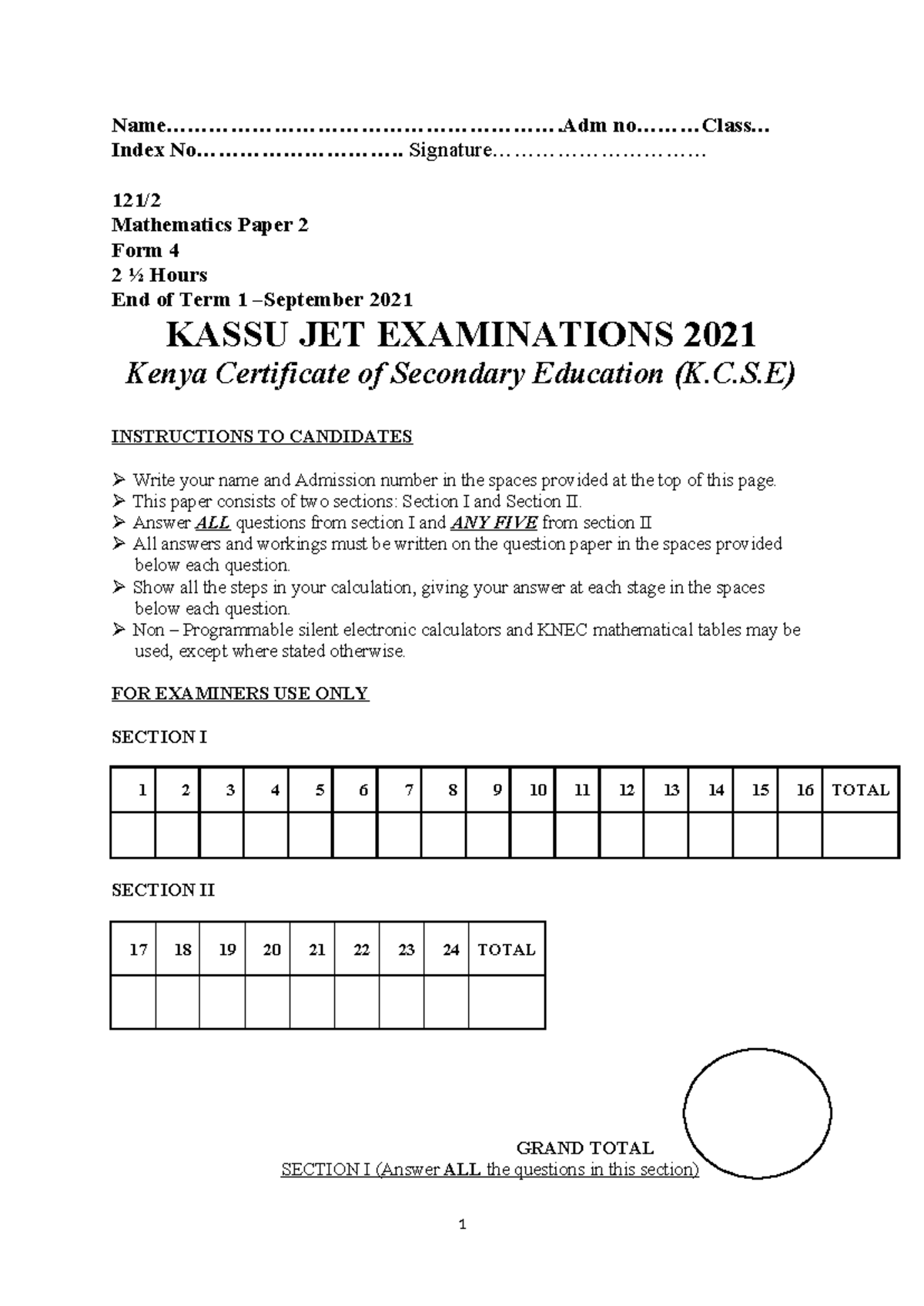 Mathematics Paper 2 Form 4 K.C.S.E End of Term 1 Exam 2021 - Studocu