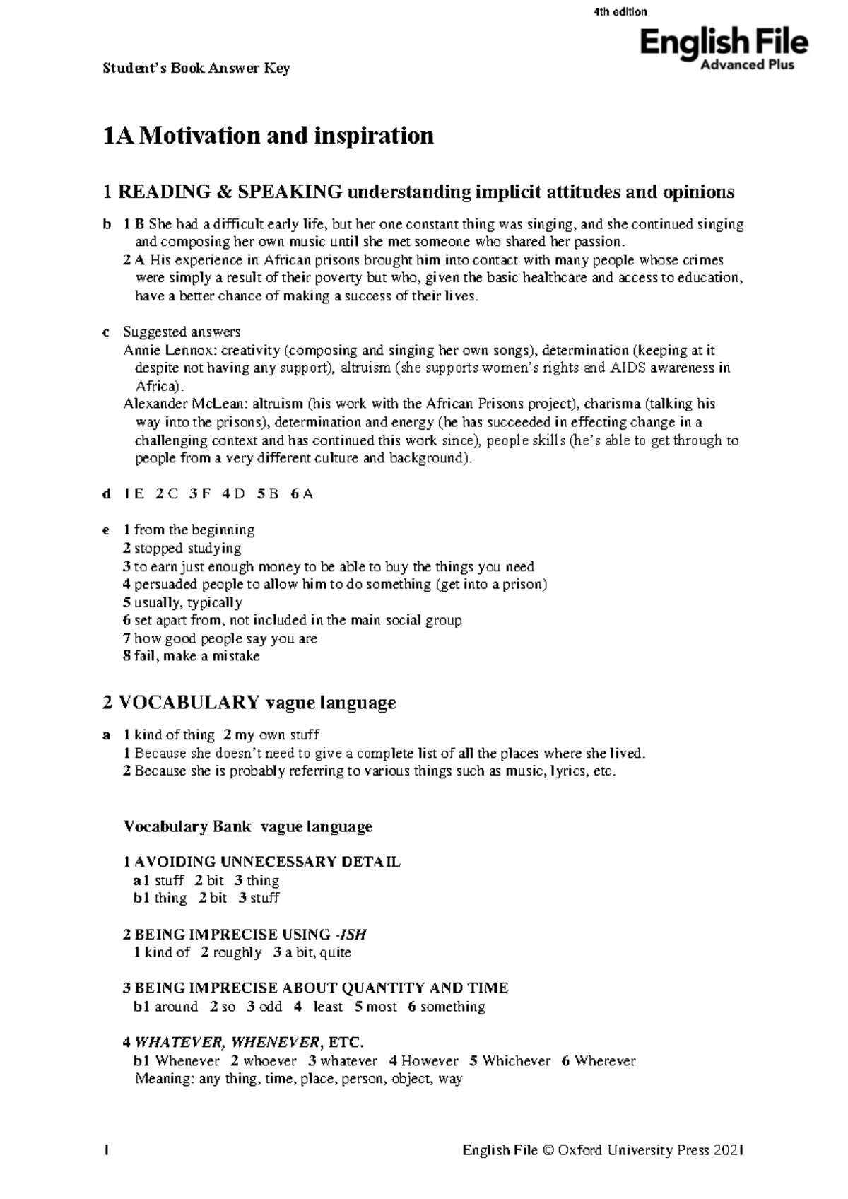EF4e Advanced Plus SB Answer Key: 4th Edition Insights and Solutions - Studeersnel