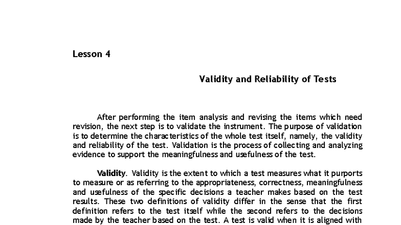 Module 3 Lesson 4: Validity and Reliability of Tests - Studocu