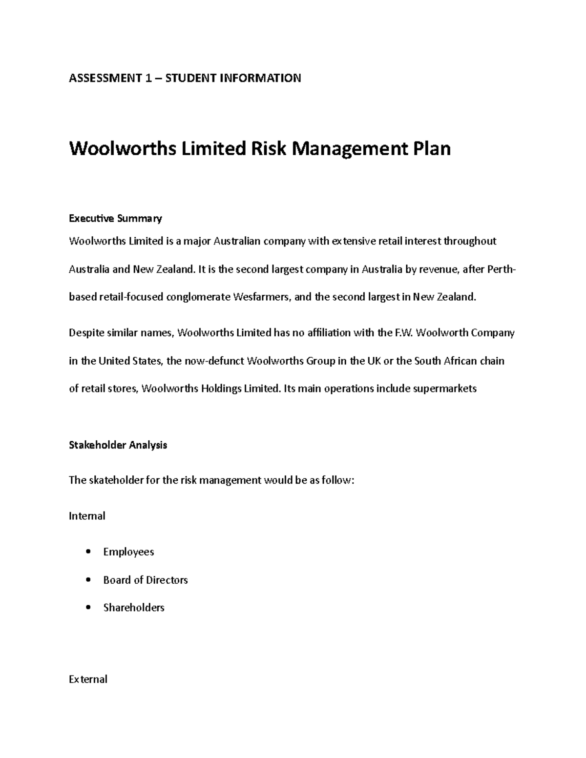 Woolworths Limited Risk Management Plan (Risk Assessment Report) - Studocu