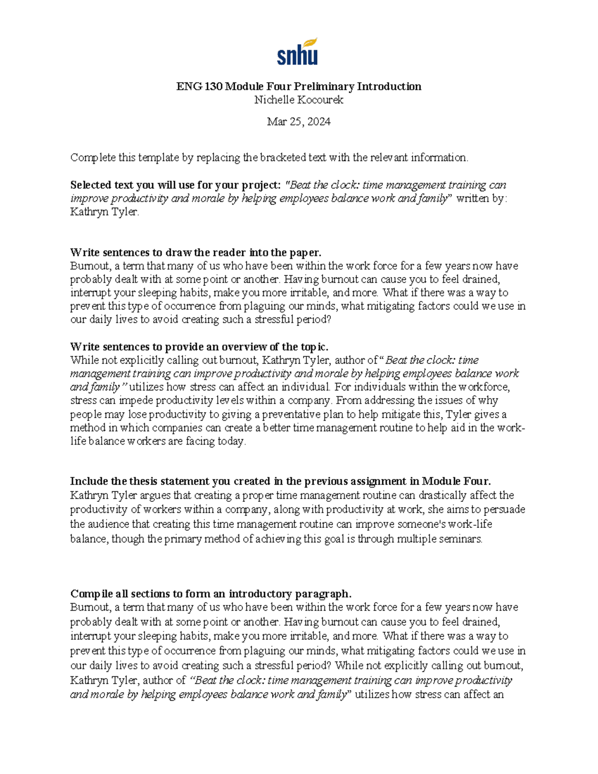 ENG 130 M4 Introductory Paragraph on Time Management & Burnout - Studocu