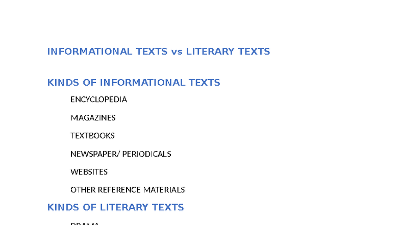 INFORMATIONAL vs LITERARY TEXTS: READING SKILLS & TYPES - Studocu