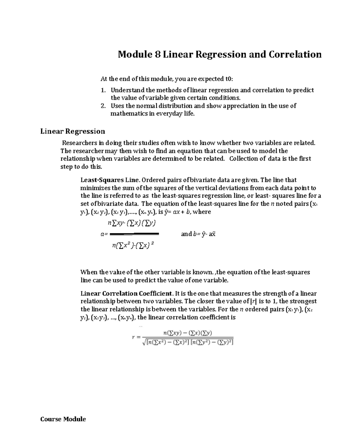 W8-9 Module 008: Understanding Linear Regression & Correlation - Studocu
