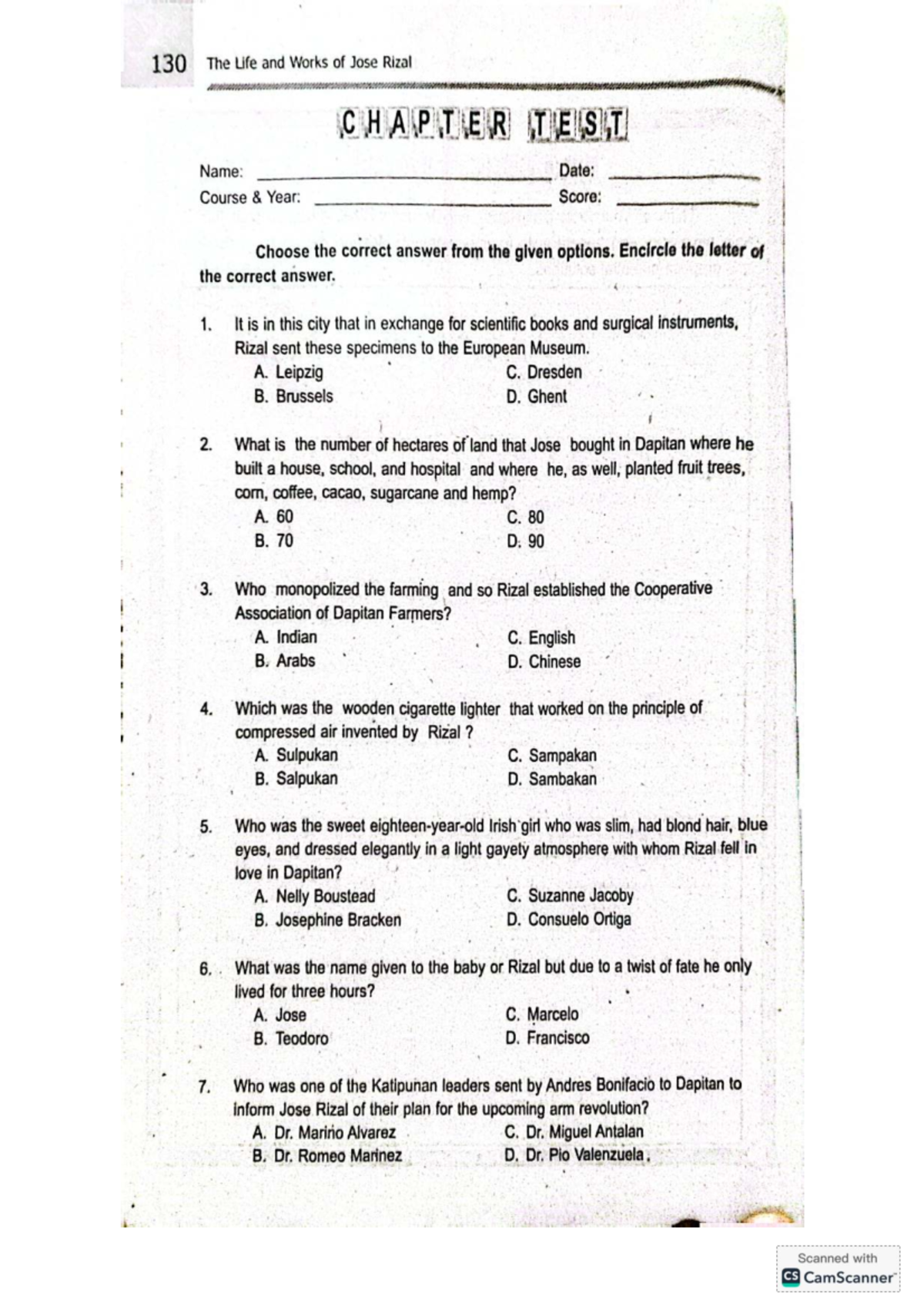 130 RL Asynchronous Activity: The Life and Works of Jose Rizal Quiz ...