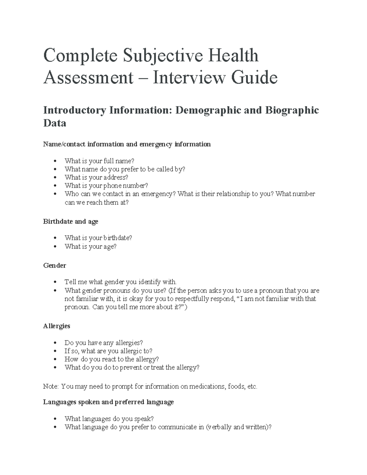 Complete Subjective Health Assessment Interview Guide - Studocu
