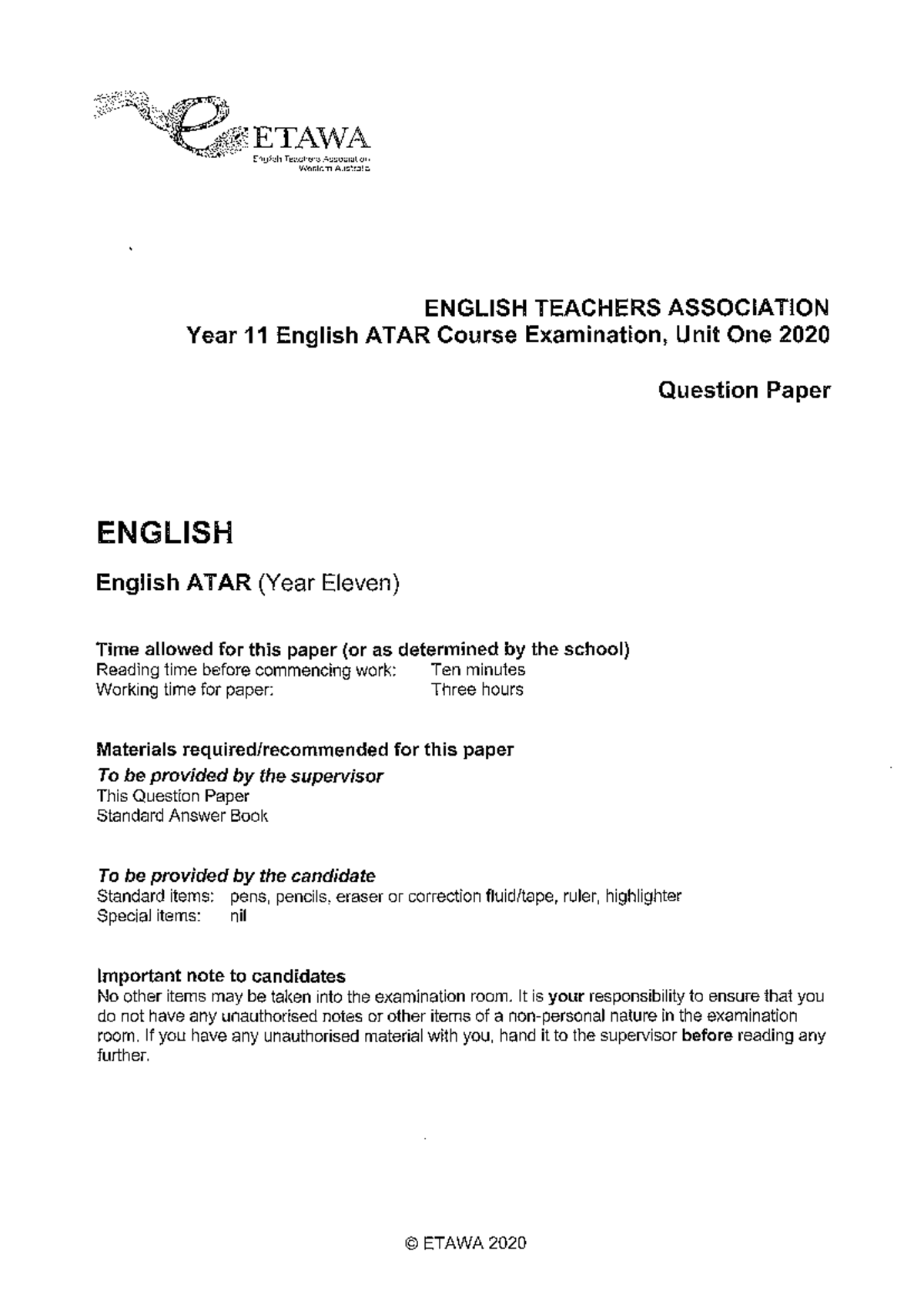 2020 Year 11 English ATAR Exam Paper - Comprehending, Responding ...