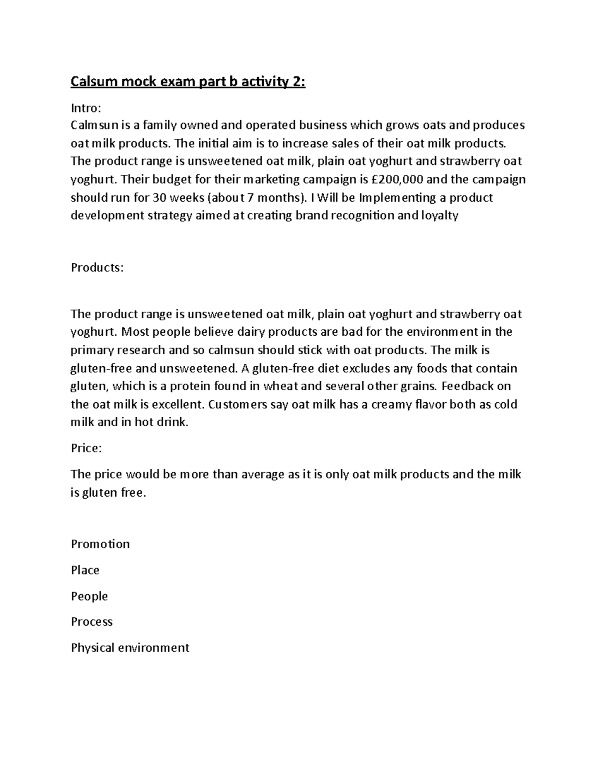 Calsum Mock Exam Activity 2: Marketing Strategy for Oat Products - Studocu