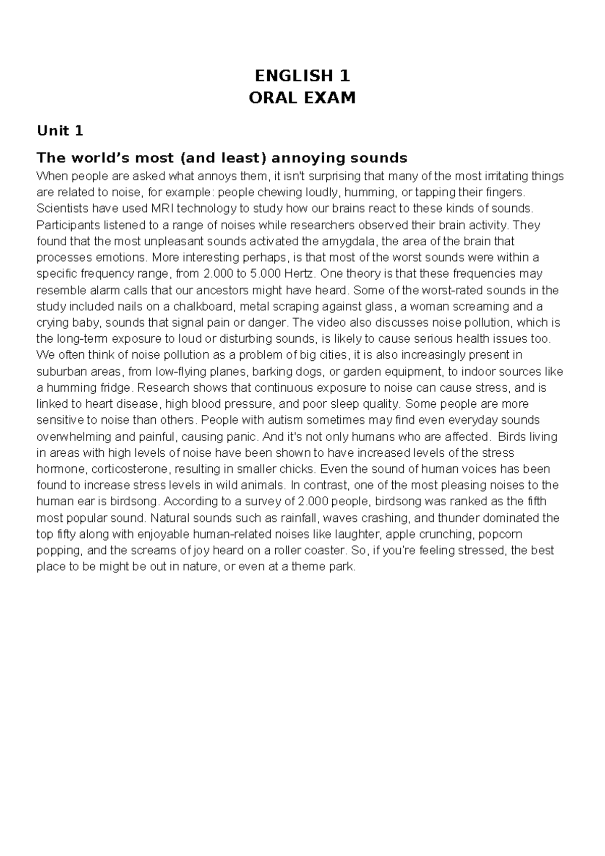 ENGLISH 1 ORAL EXAM: Annoying Sounds and Empathy Insights - Studocu