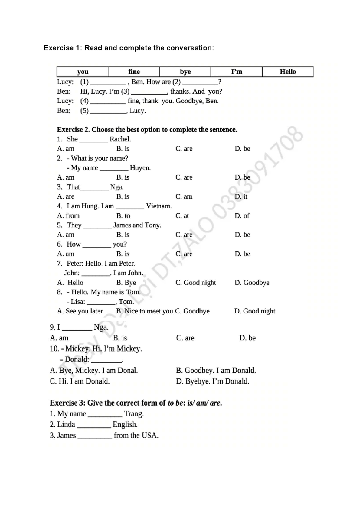 Exercise 1: Conversation Completion & Grammar Practice - ENG 09.1708 ...