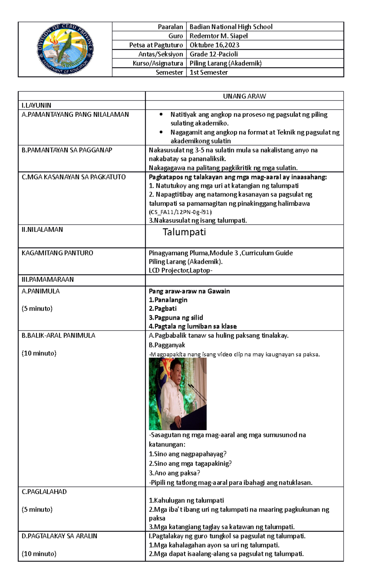 DLP PARA C.O - Talumpati (Grade 12-Pacioli) Lesson Plan - Studocu
