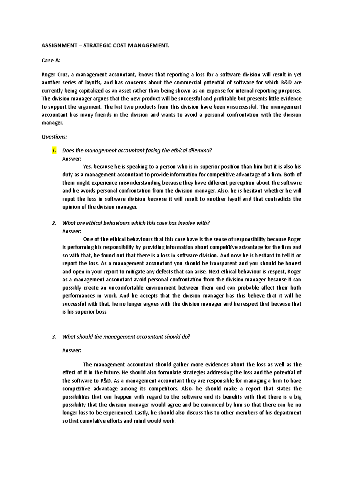 Strategic Cost Management Case Study – SCM Assignment Analysis - Studocu