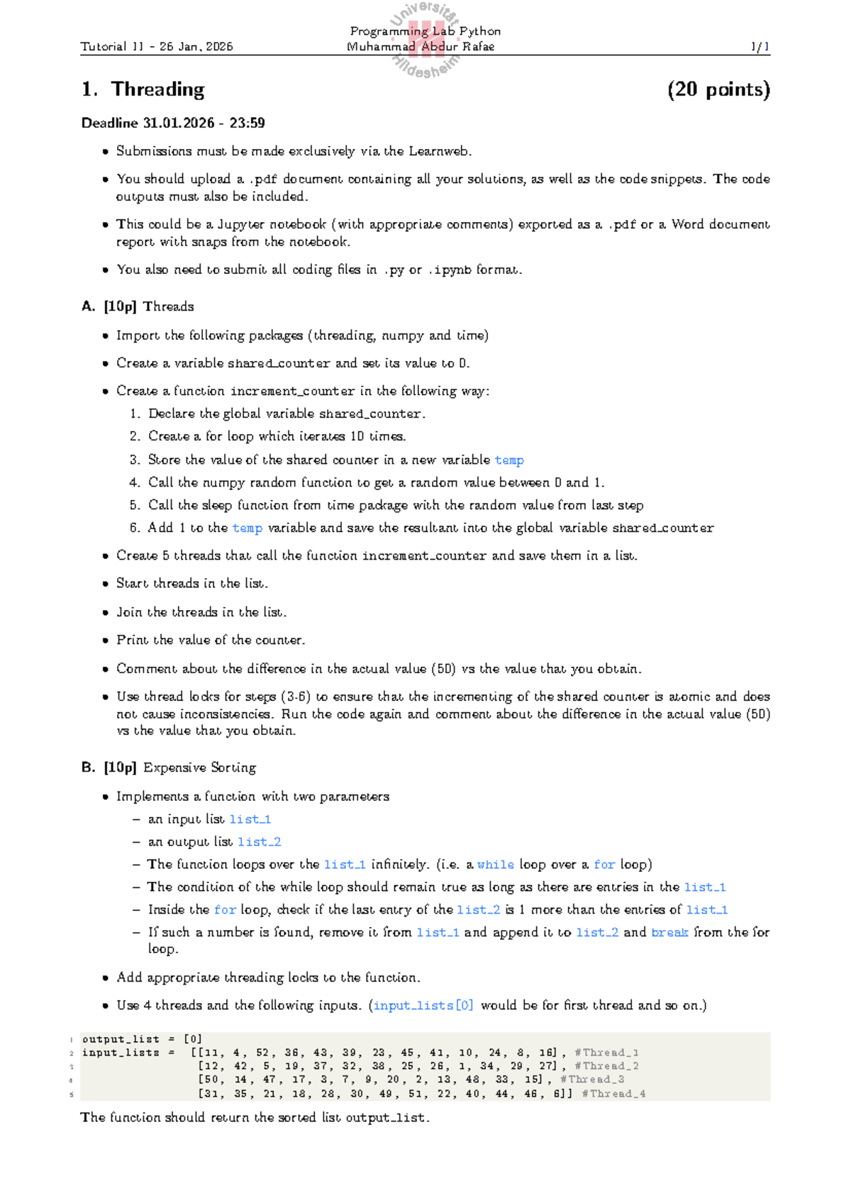 Programming Lab Python: Tutorial 11 - Threading (CS101) - Studocu