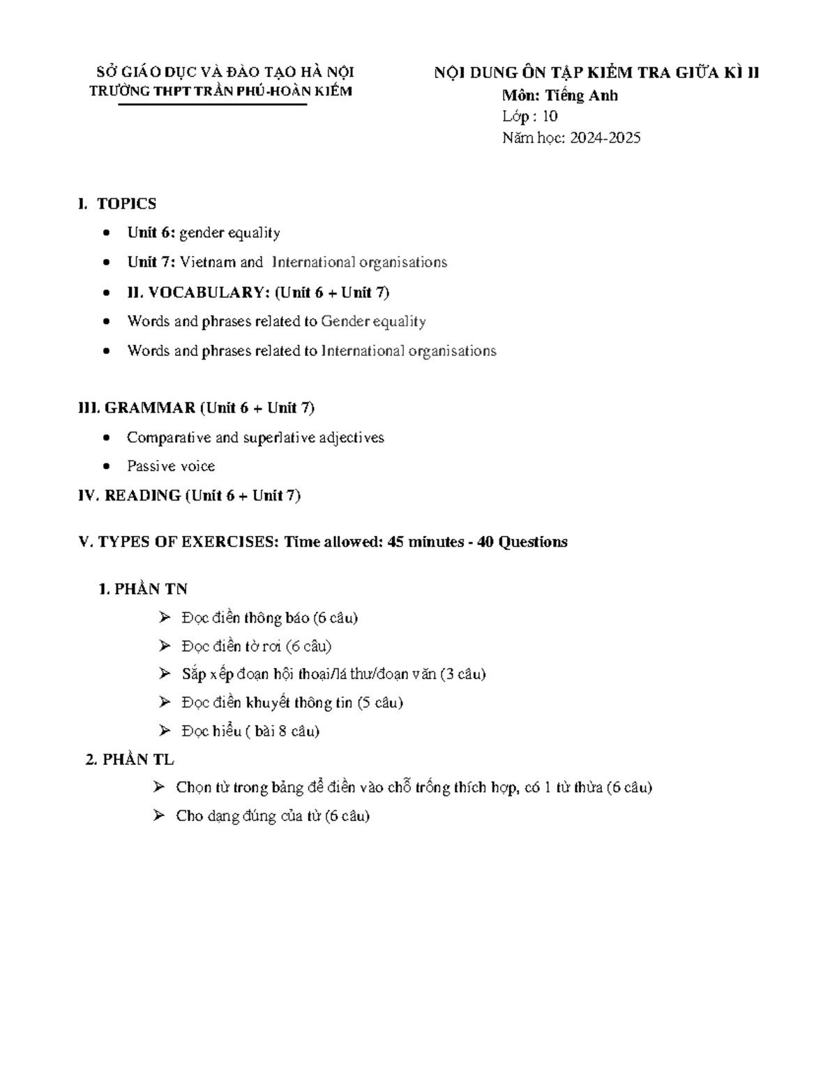 De cuong on tap giua ki 2 mon tieng anh 10 nam 2024 2025 thpt tran phu ha noi - I. TOPICS Unit 6 ...