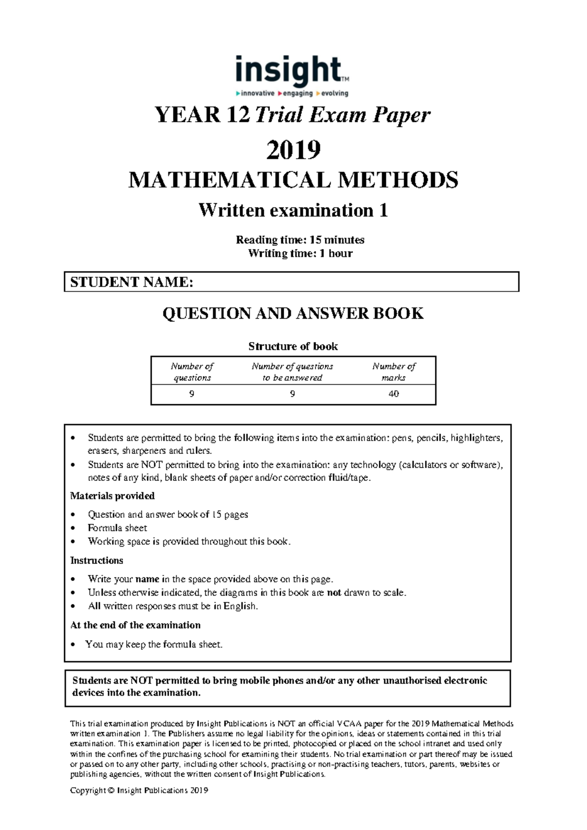 YEAR 12 2019 Trial Exam Paper - Mathematical Methods Exam 1 - Studocu