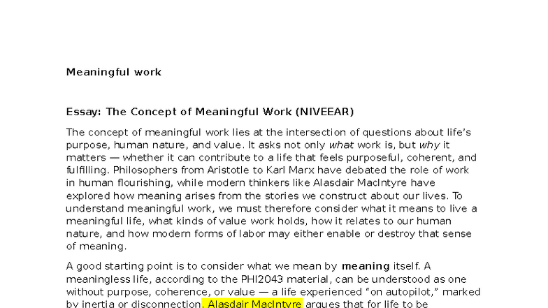 Meaningful Work Essay: Exploring Purpose and Value (NIVEEAR) - Studocu