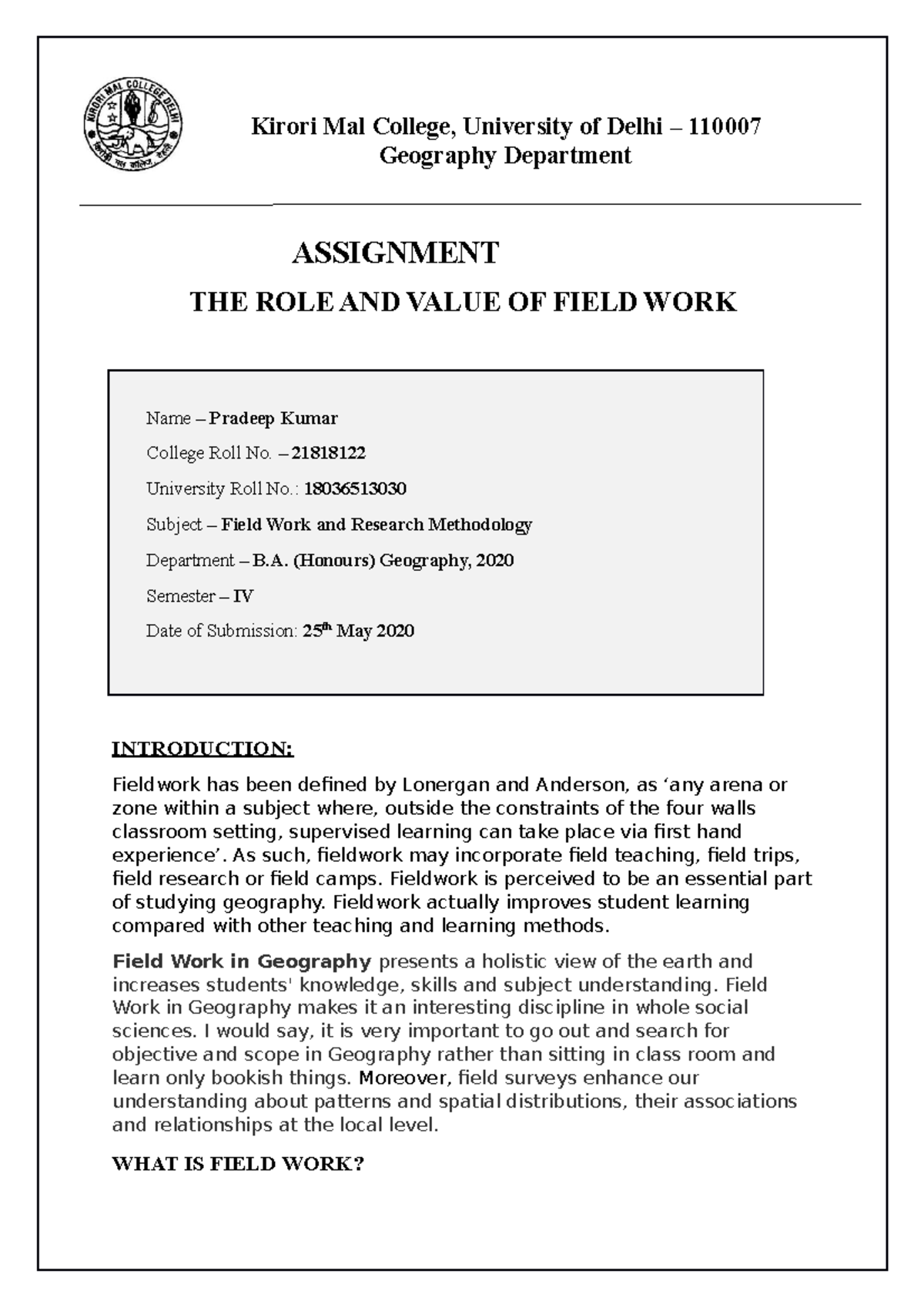 Field Work Assignment - Kirori Mal College, University of Delhi ...