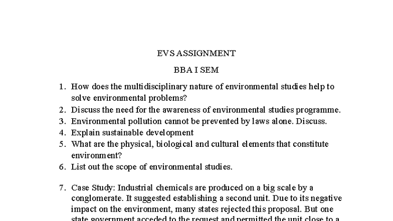 EVS ASSIGNMENT BBA I SEM 1: Environmental Studies Insights & Case Study ...