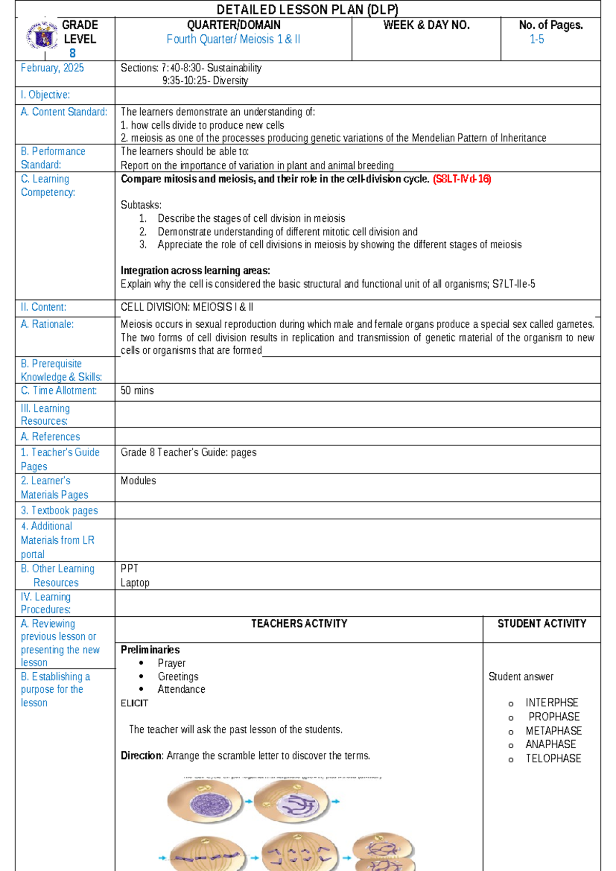 Meiosis Lesson Plan for Grade 8 (S8LT-IVd-16) – Fourth Quarter - Studocu
