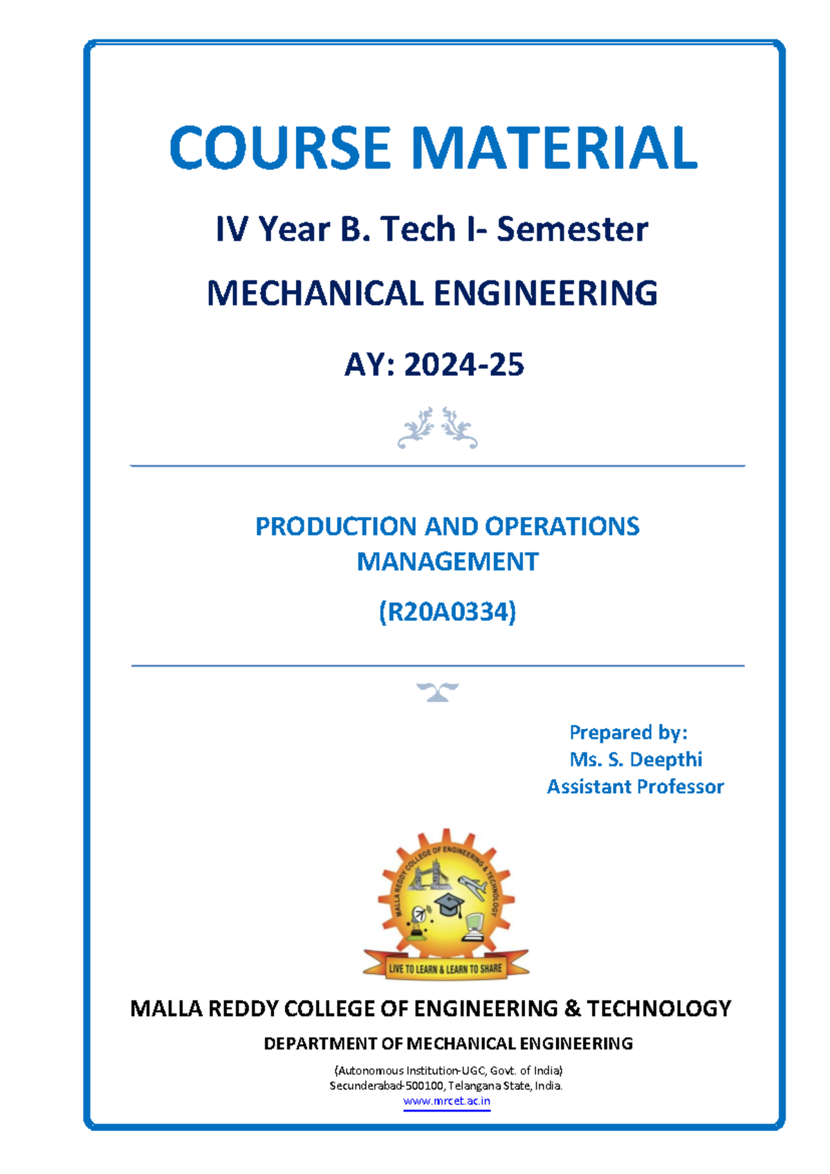 Production and Operations Management (R20A0334) Course Material for B ...