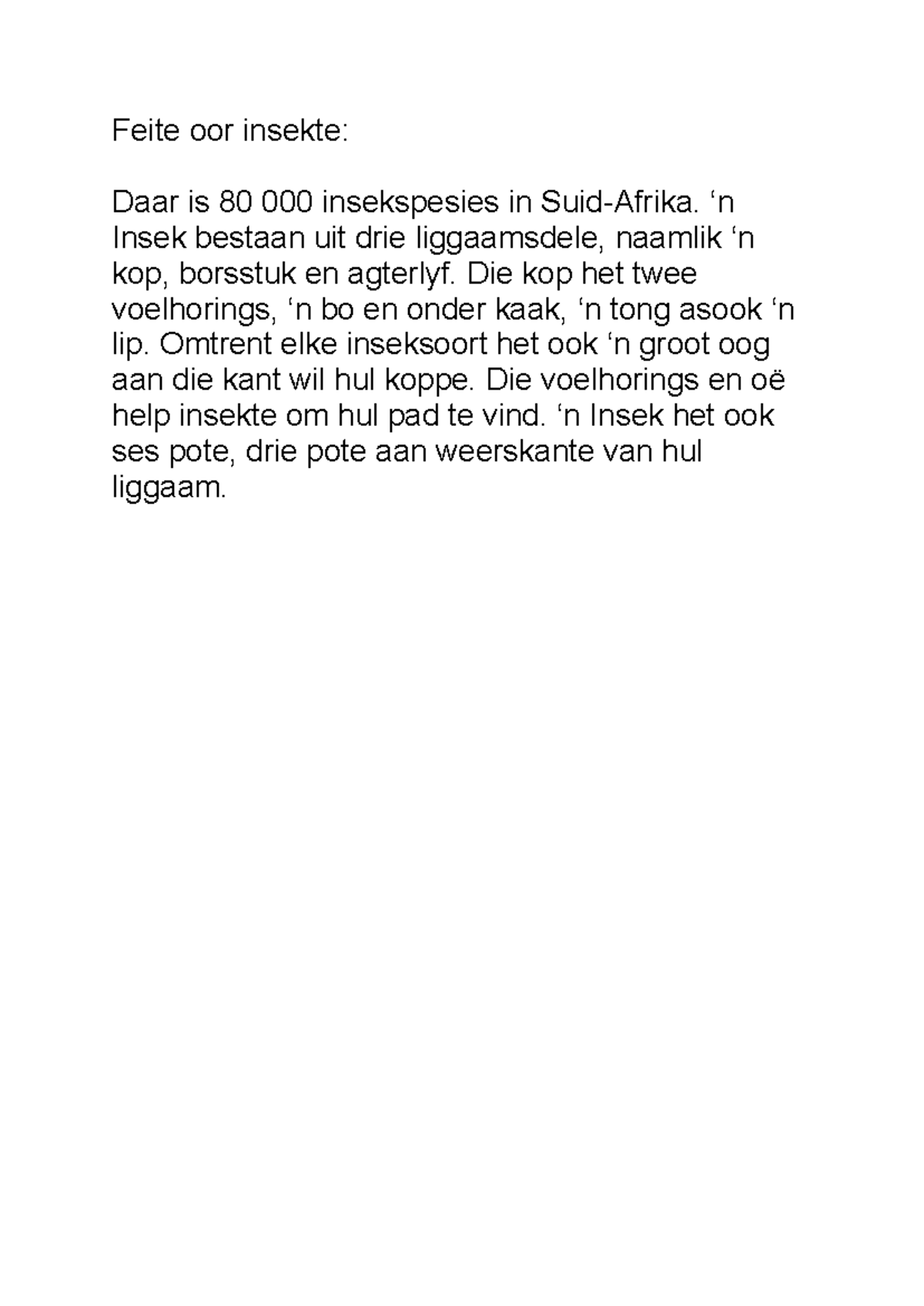 Feite oor Insekte: 'n Oorsig van 80 000 Spesies in SA - Studocu
