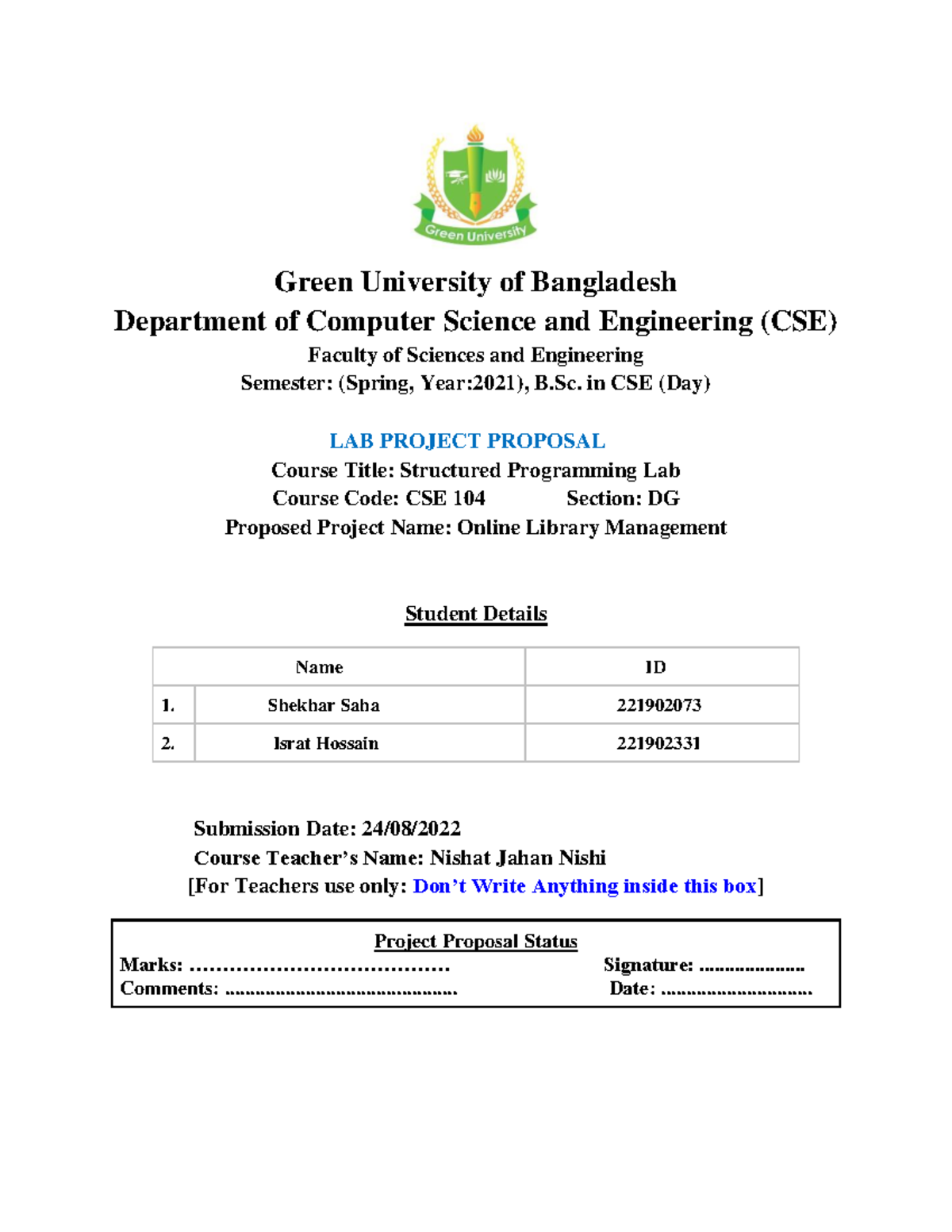 CSE-104 Project Proposal - Green University of Bangladesh Department of Computer Science and ...
