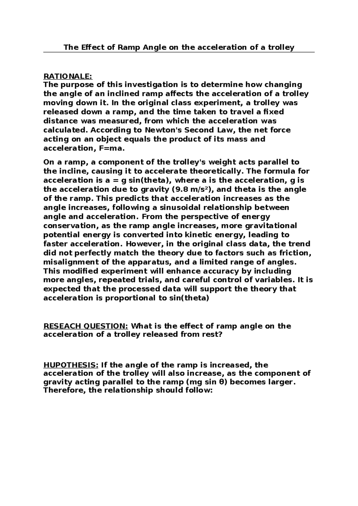 The Effect of Ramp Angle on Trolley Acceleration: Physics Assignment T3 ...