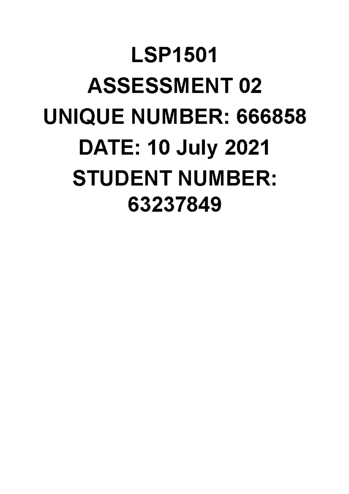 LSP1501 ass 2 - hope it helps - STUDENT NUMBER: - **LSP ...
